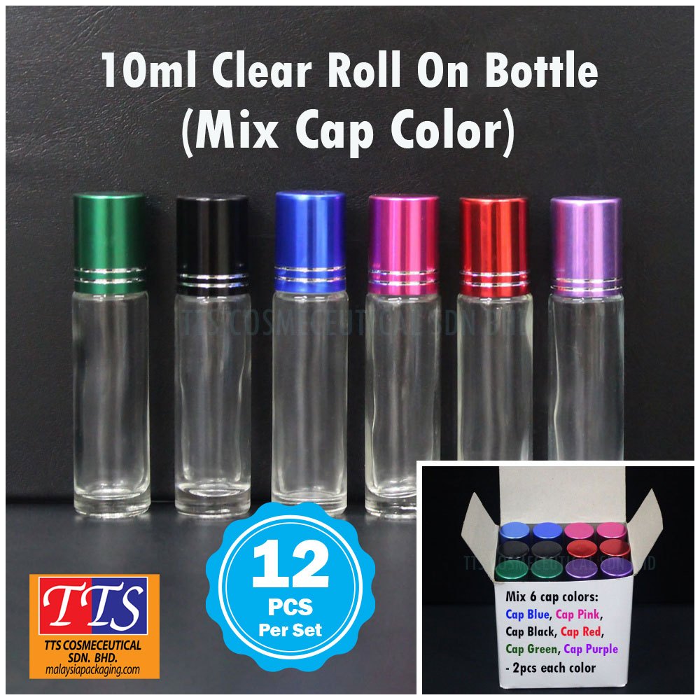 [12pcs] {Mix Cap Color} Botol Perfume 10ml Reﬁllable Glass Roll On ...