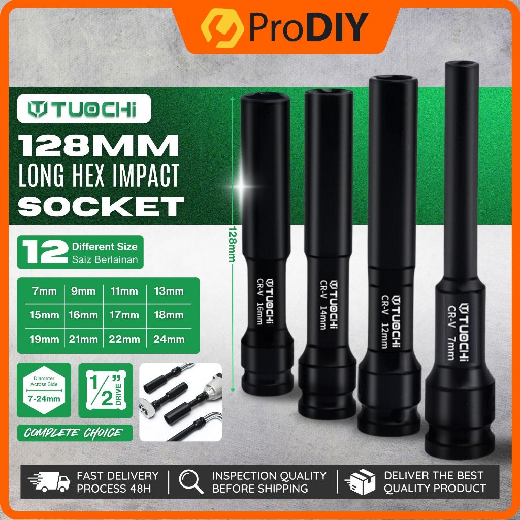 TUOCHI 1/2 Inch 7-24mm Long Hex Impact Socket 128mm 1pc Pneumatic ...
