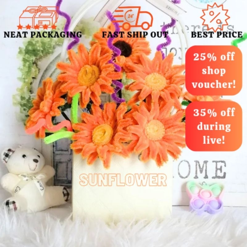 [Chenille Bouquet] Sunflower flower box bouquet hadiah hari guru ...