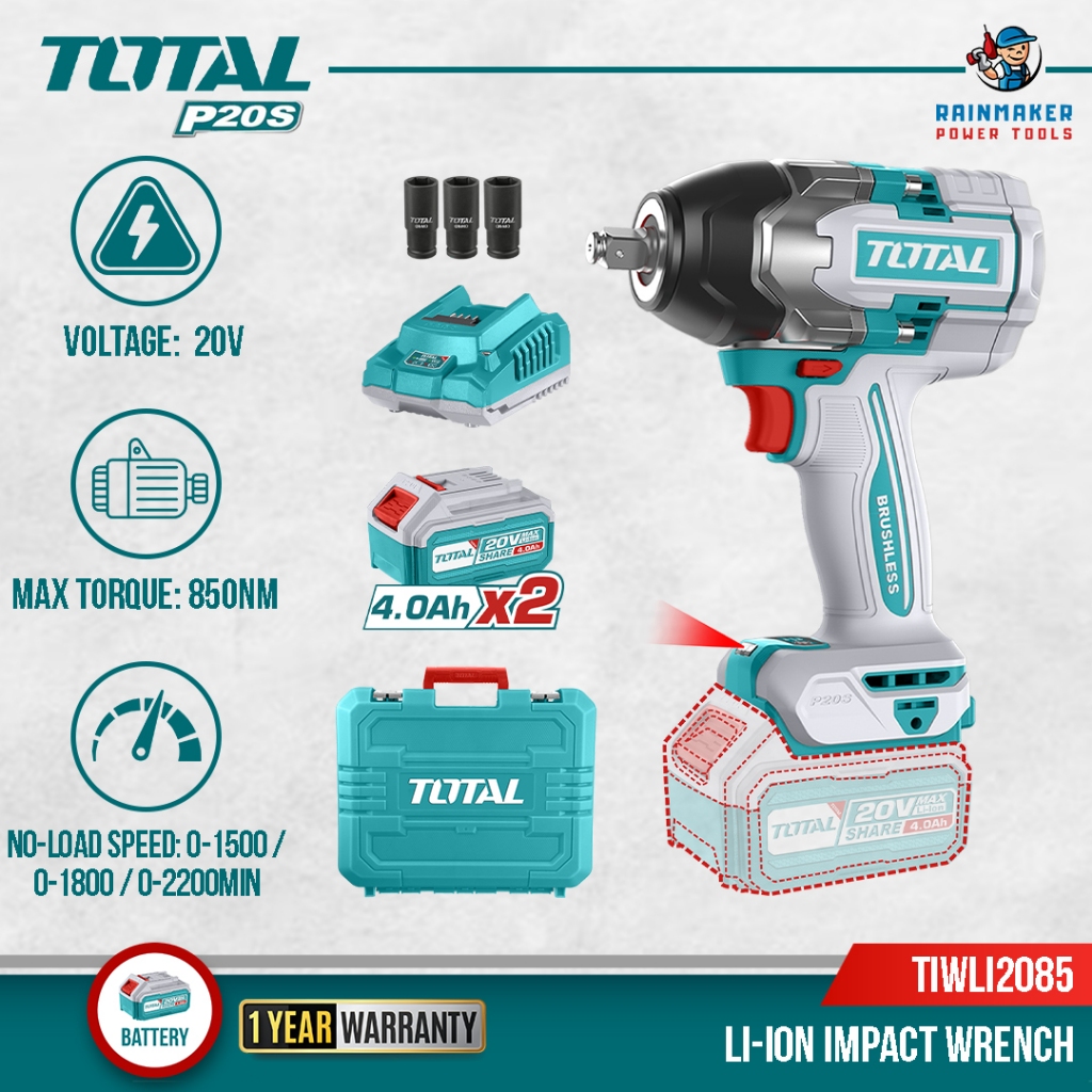 TOTAL Li-ion Impact Wrench (300-850Nm) Brushless Motor + Battery (2 Pc ...