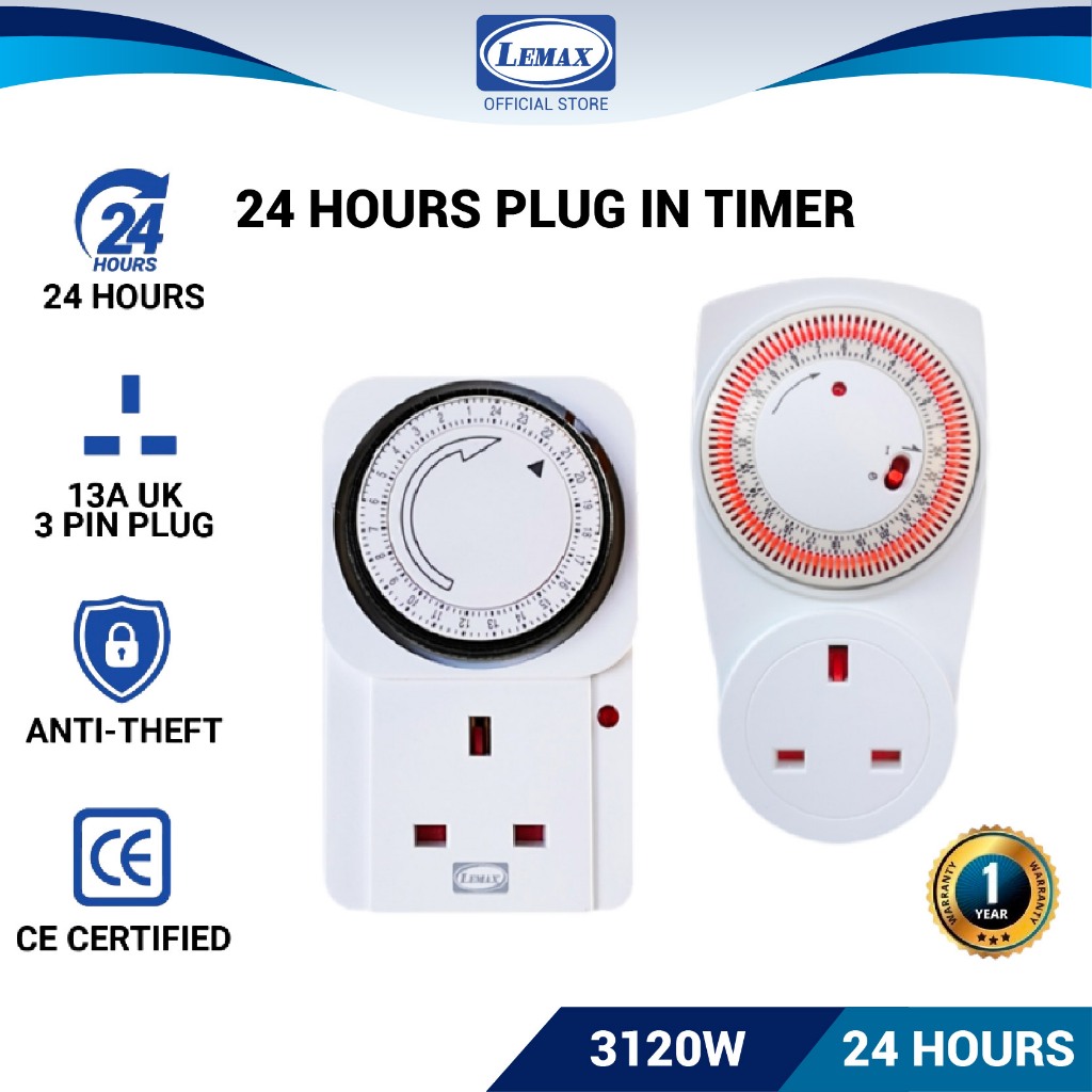 LEMAX 24 Hours Plug In Timer Daily Analog Security Timer Switch Plug 13A UK SUM 0024 Eurosafe ...
