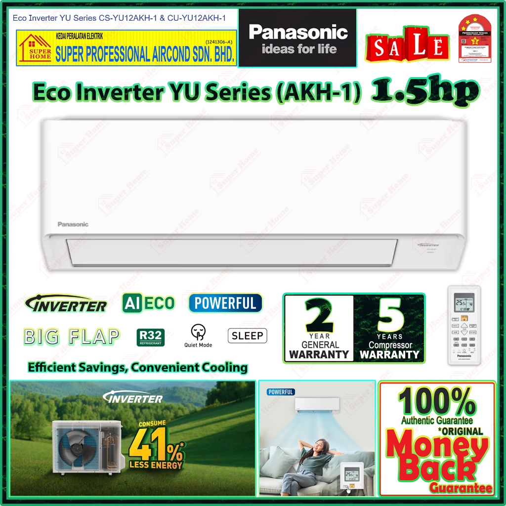 Panasonic 1.5hp Eco Inverter Air Conditioner CS-YU12AKH-1 & CU-YU12AKH ...