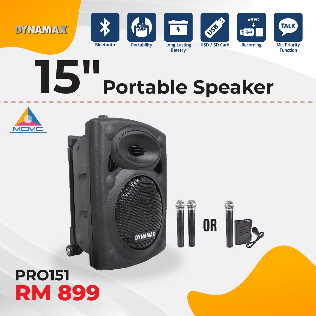 DYNAMAX PRO115/PRO151 15" Bluetooth Portable PA System with Wireless ...