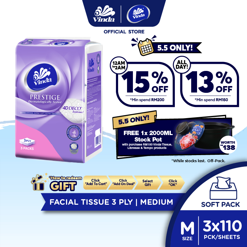 Vinda Prestige 4D Deco Embossed Facial Tissue (3 x 110s) | Shopee Malaysia