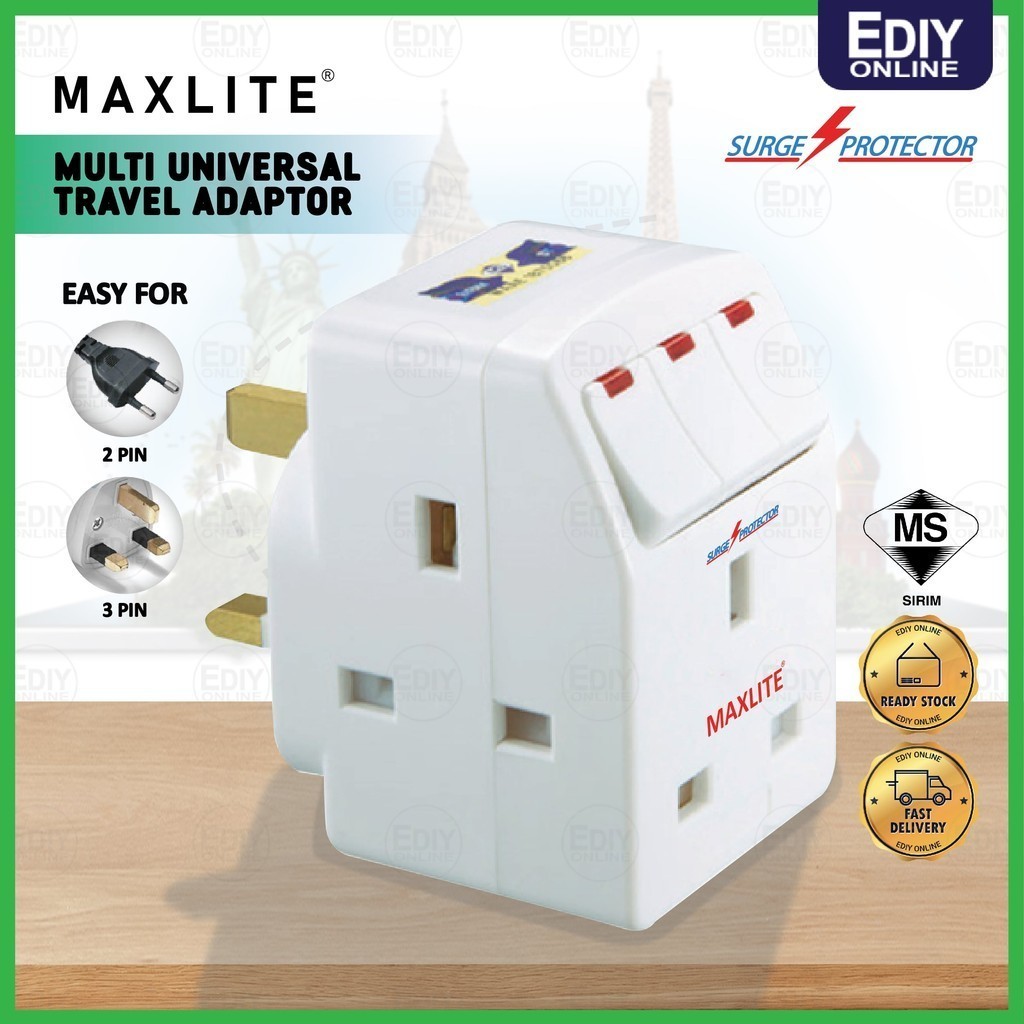 SIRIM SURGE PROTECT 】 ADAPTOR 3 WAY ADAPTER WITH NEON SWITCH SOCKET ...