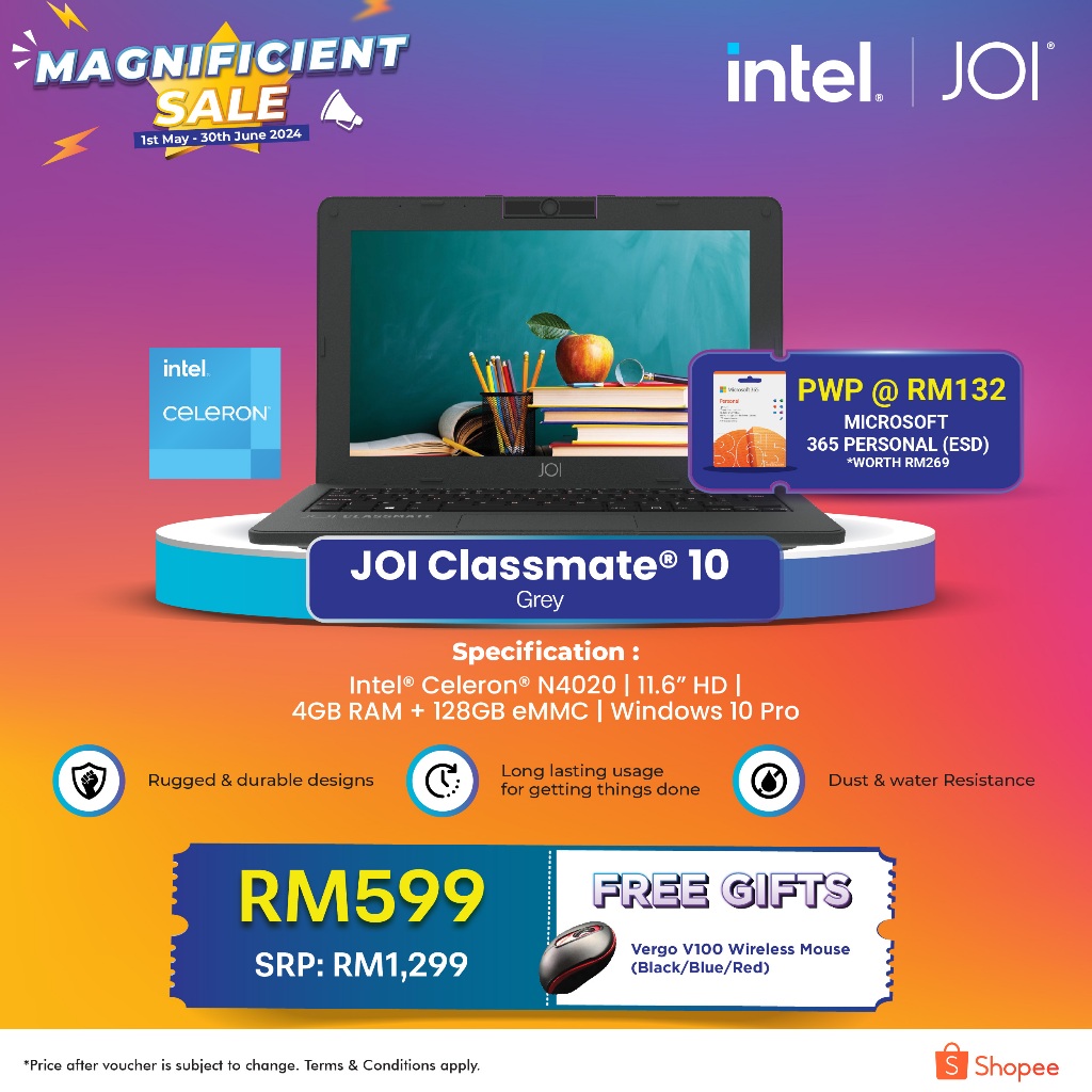 JOI Classmate 10(Celeron N4020,4GB,128GB eMMC,Intel UHD Graphics 600,11.6”HD,W10 Pro,Grey ...