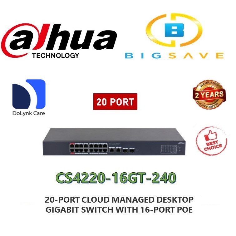 DAHUA CS4220-16GT-240 20-PORT CLOUD MANAGED DESKTOP GIGABIT SWITCH WITH 16-PORT POE | Shopee ...