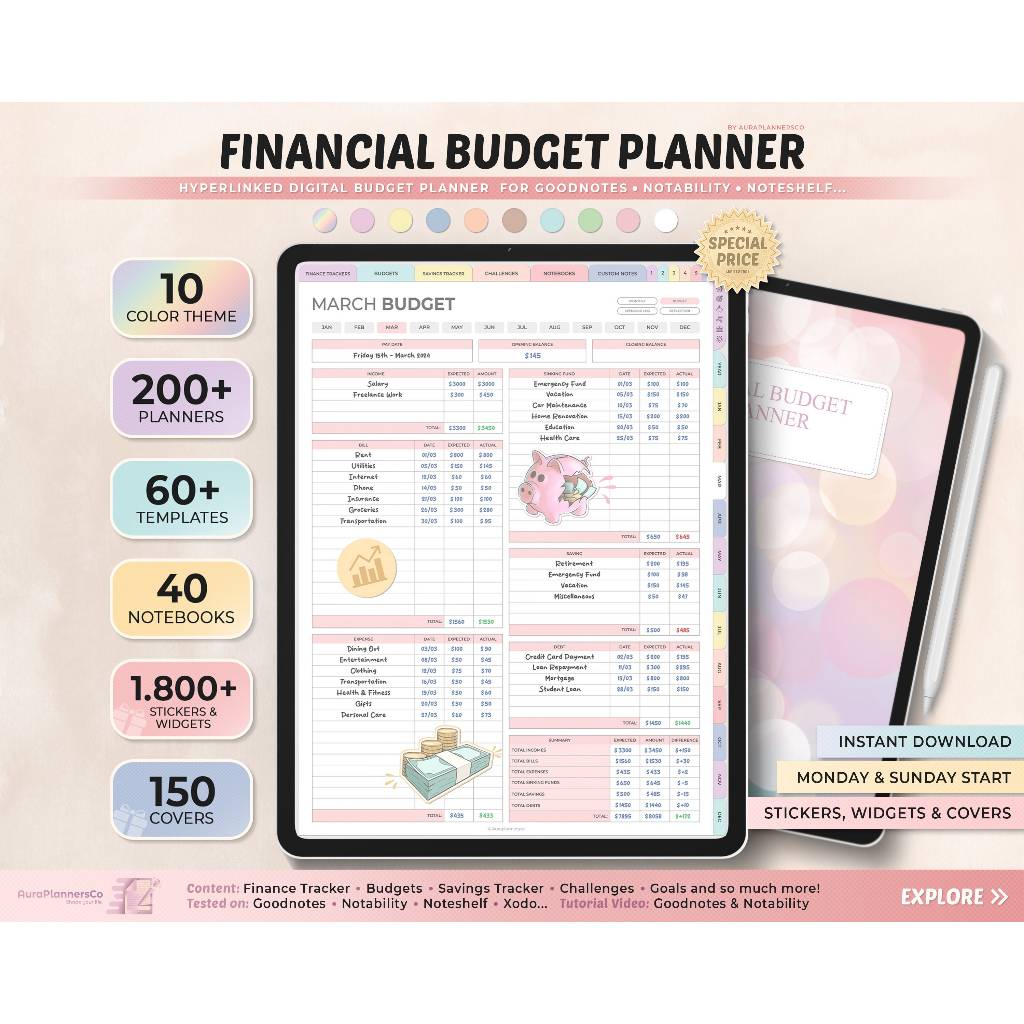 Digital Financial Budget Planner | Cash Planner | Undated Finance ...