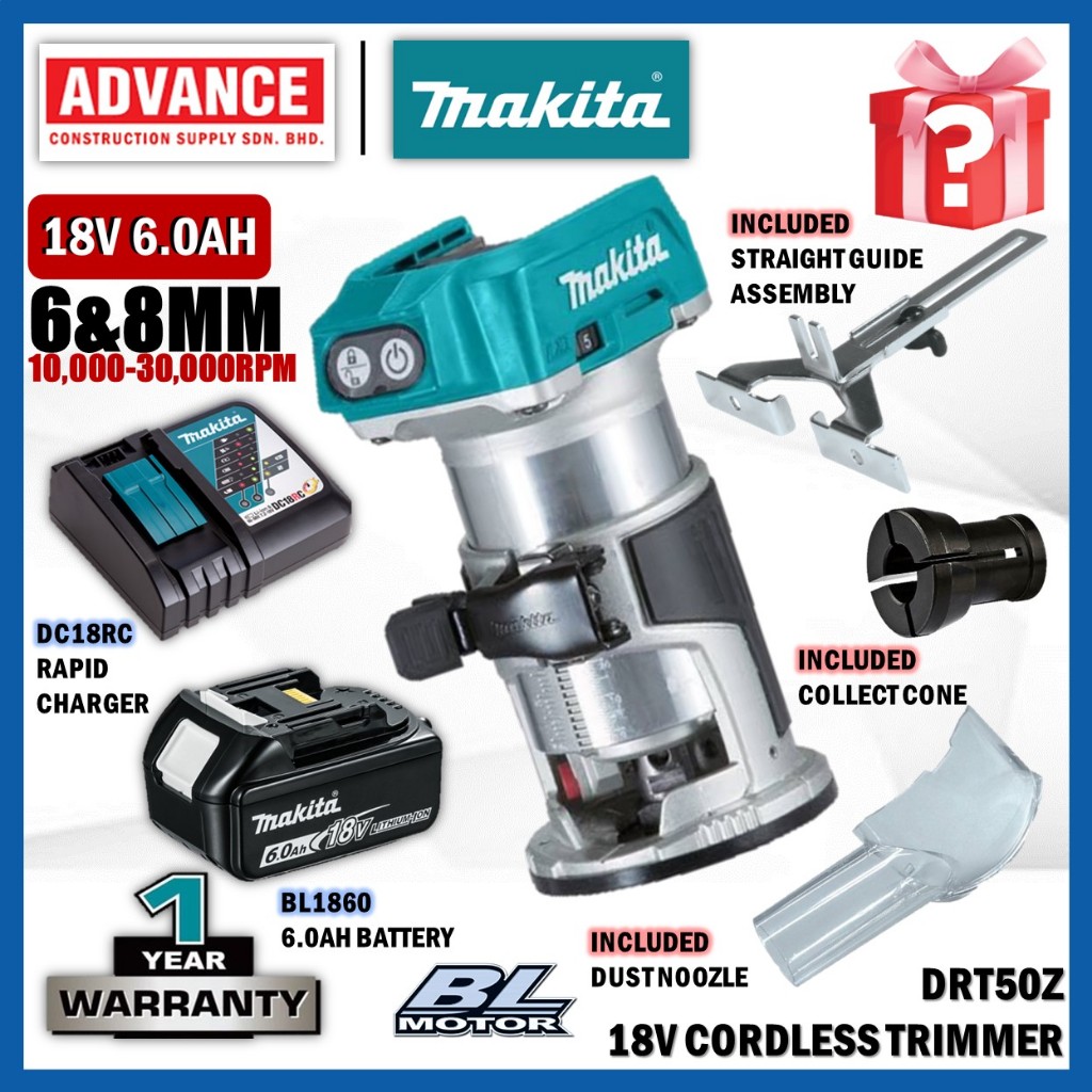 MAKITA DRT50 / DRT50Z 18V Cordless Trimmer 6MM (1/4") / 8MM (3/8 ...