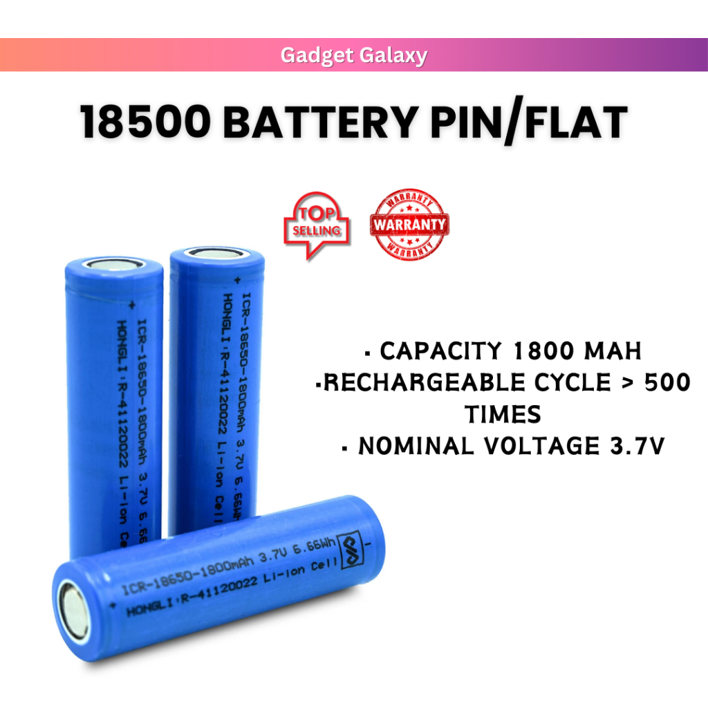 3.7V Rechargeable 18650 Li-ion Battery Flat Head / Button Head Bateri Boleh Cas Semula 1800mAh ...