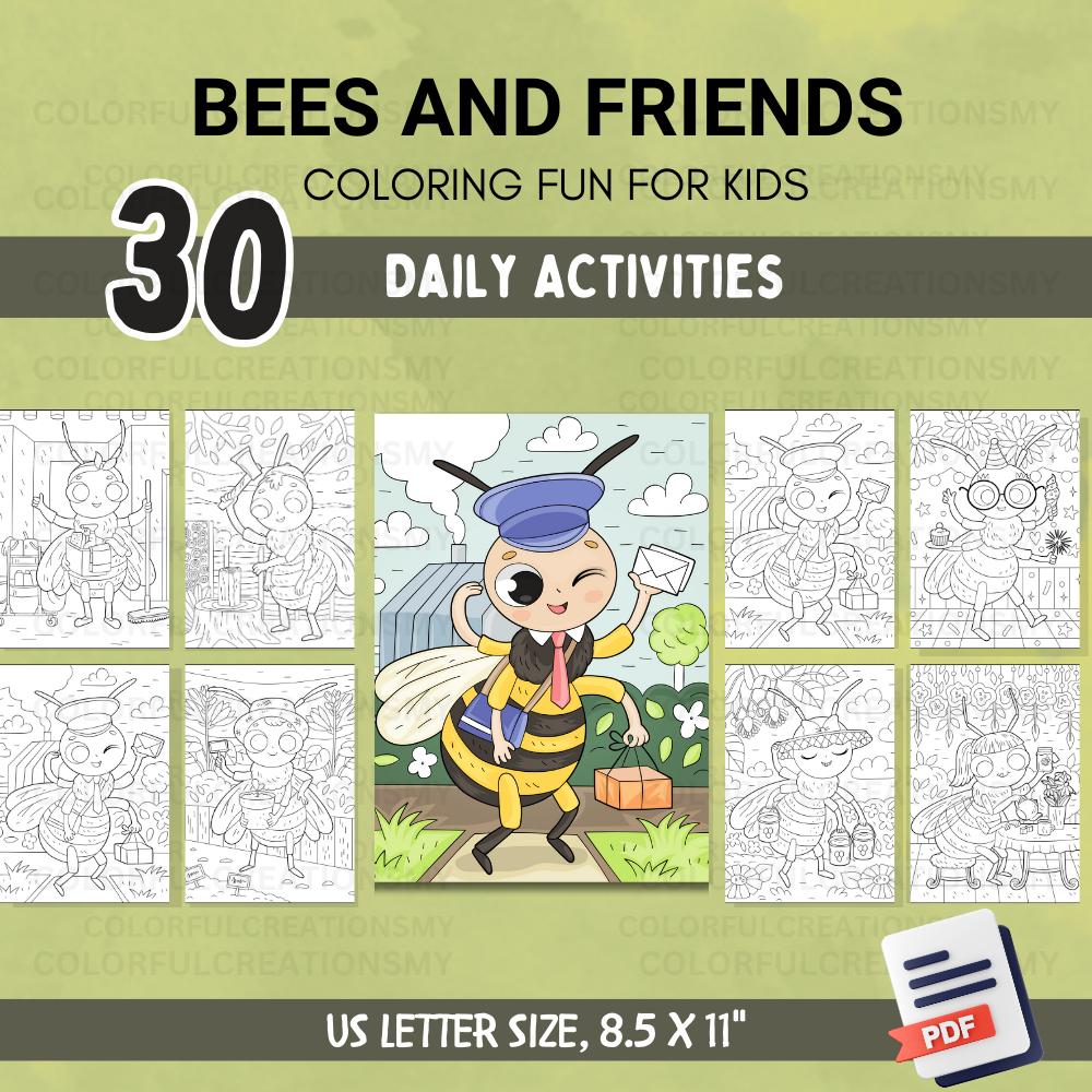 PDF Colouring Pages for kids| BEES and friends daily activities coloring pages| Digital Download ...
