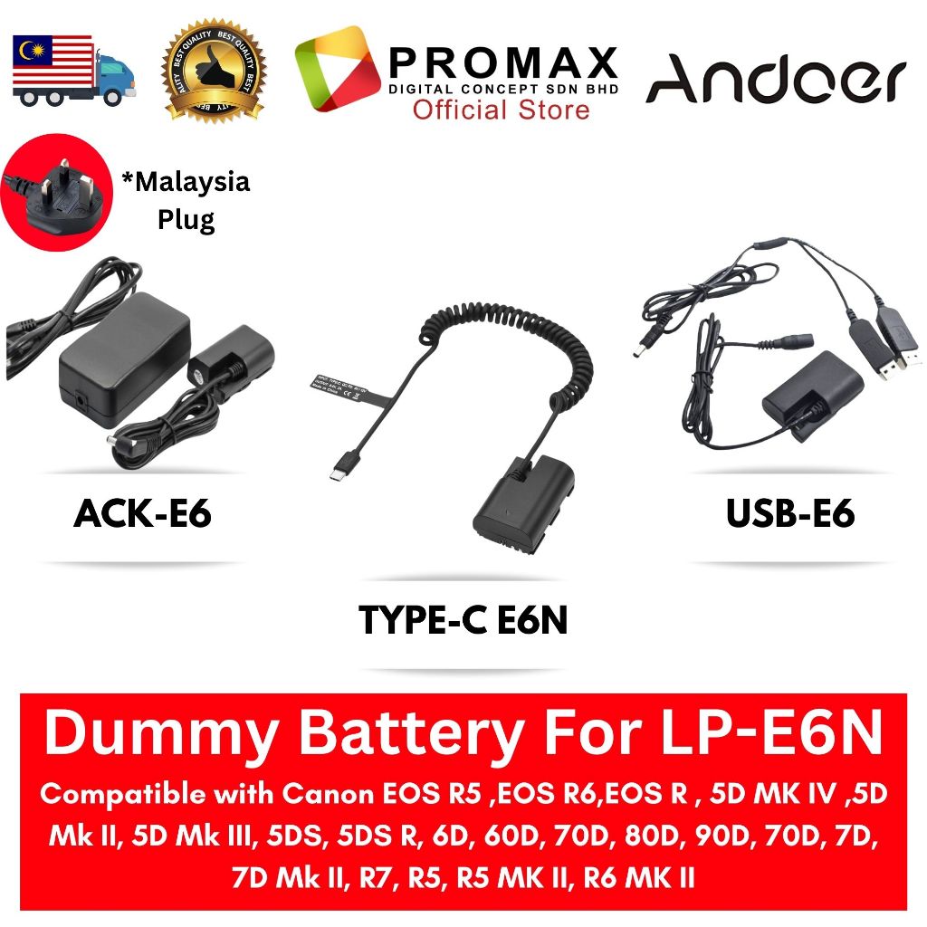 ACK-E6 USB-E6 TYPE-C E6N DUMMY BATTERY + Camera AC power supply adapter ...