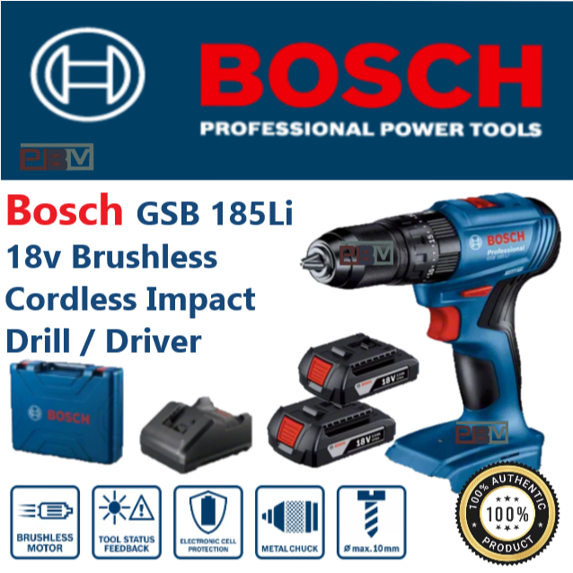 BOSCH GSB 185-LI Cordless Brushless Impact Drill 2 Batteries GSB185 ...