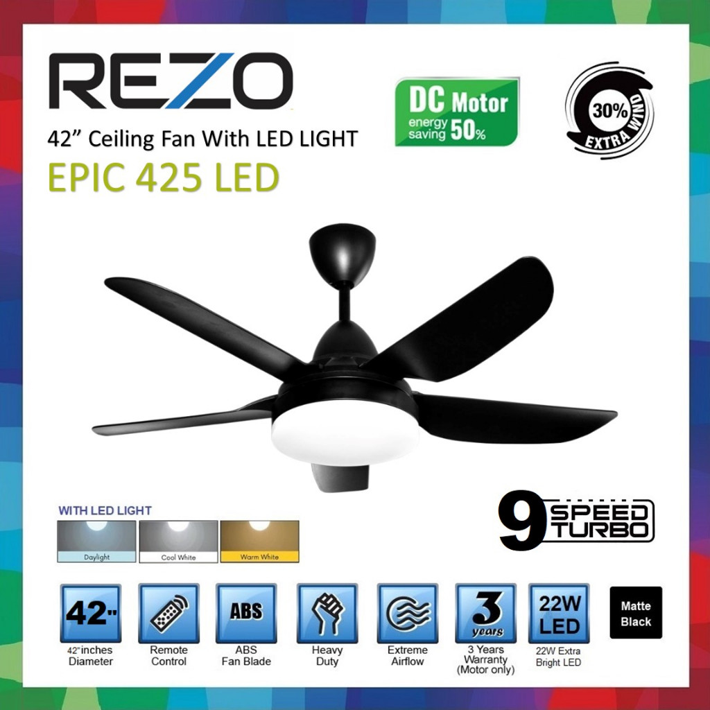 REZO 42" Baby Ceiling Fan 5 Blade ABS AX42 EPIC425 LED / KIPAS SILING ...