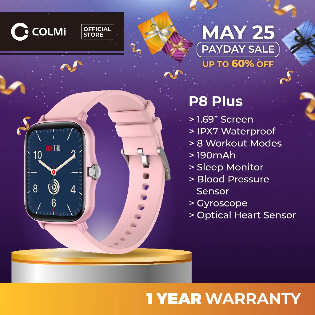 Colmi P8 Plus Smart Watch 1.69" IPX67 8 Workout Modes Sp2O Optical ...