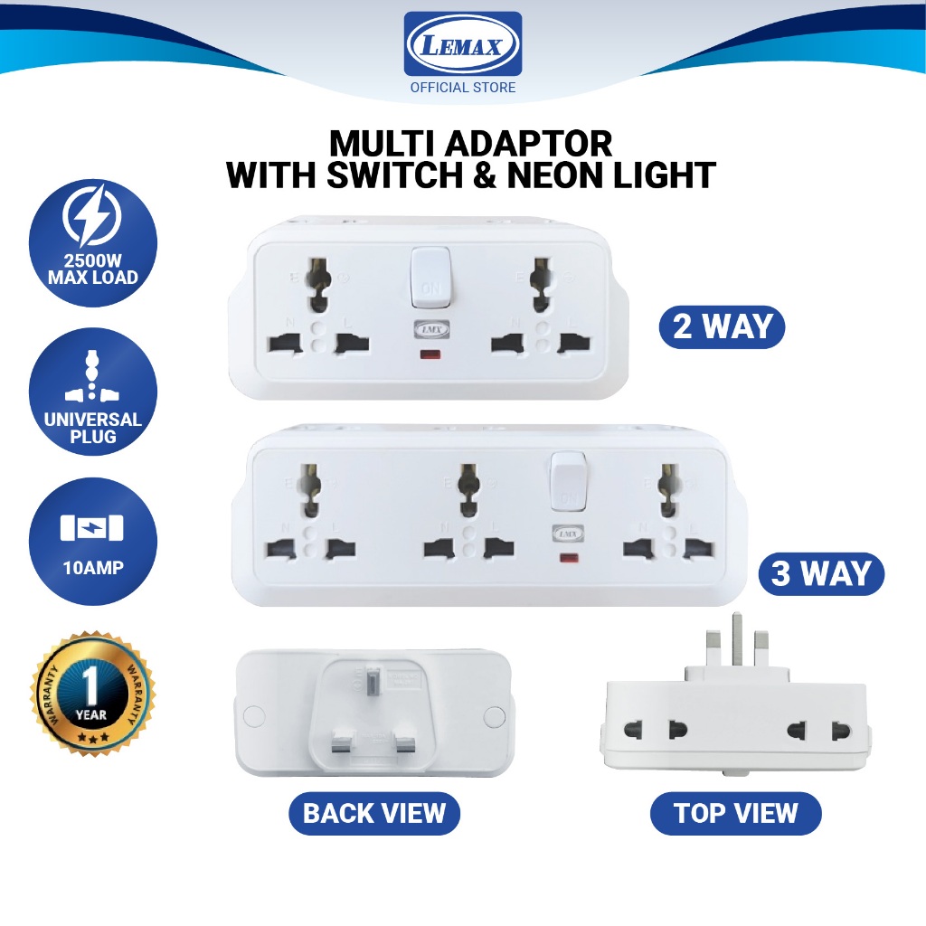 LMX 2 & 3 Gang Multi Adaptor with Switch & Neon Light 13A 3 Pin ...