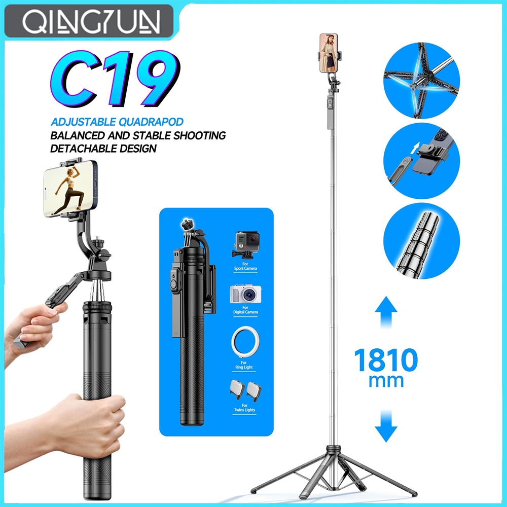 [New] C19 1810mm Portable Selfie Stick Stable Quadrapod Bluetooth ...