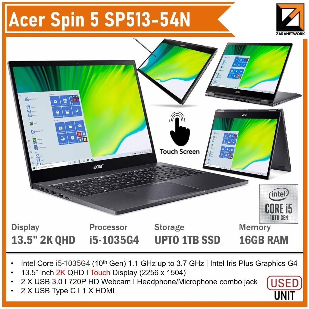 ACER SPIN 3 (1 YEAR WARRANTY T&C) SP 314-54N CORE i5-10th GEN 14"inch X360 Touch WIN 11 | Shopee ...