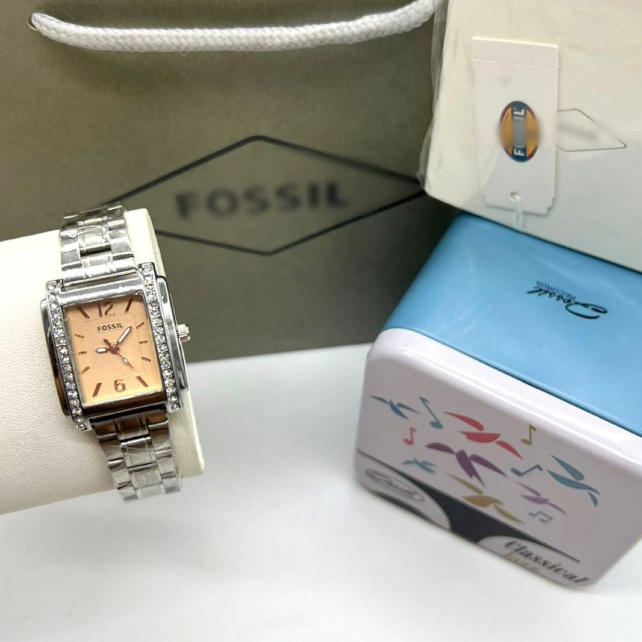 Fosil petak jam wanita women rectangle size analog watch with diamond ...