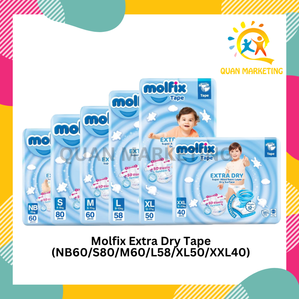 Molfix Extra Dry Tape Diaper NB60 / S80 / M60 / L58 / XL50 / XXL40 (3 ...