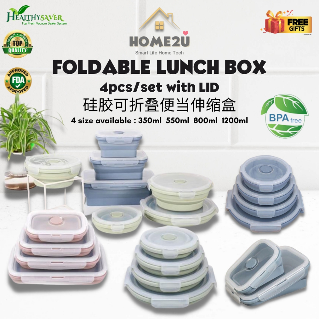 4pcs set Silicone Foldable Lunch Box Bento Food Storage Container with ...