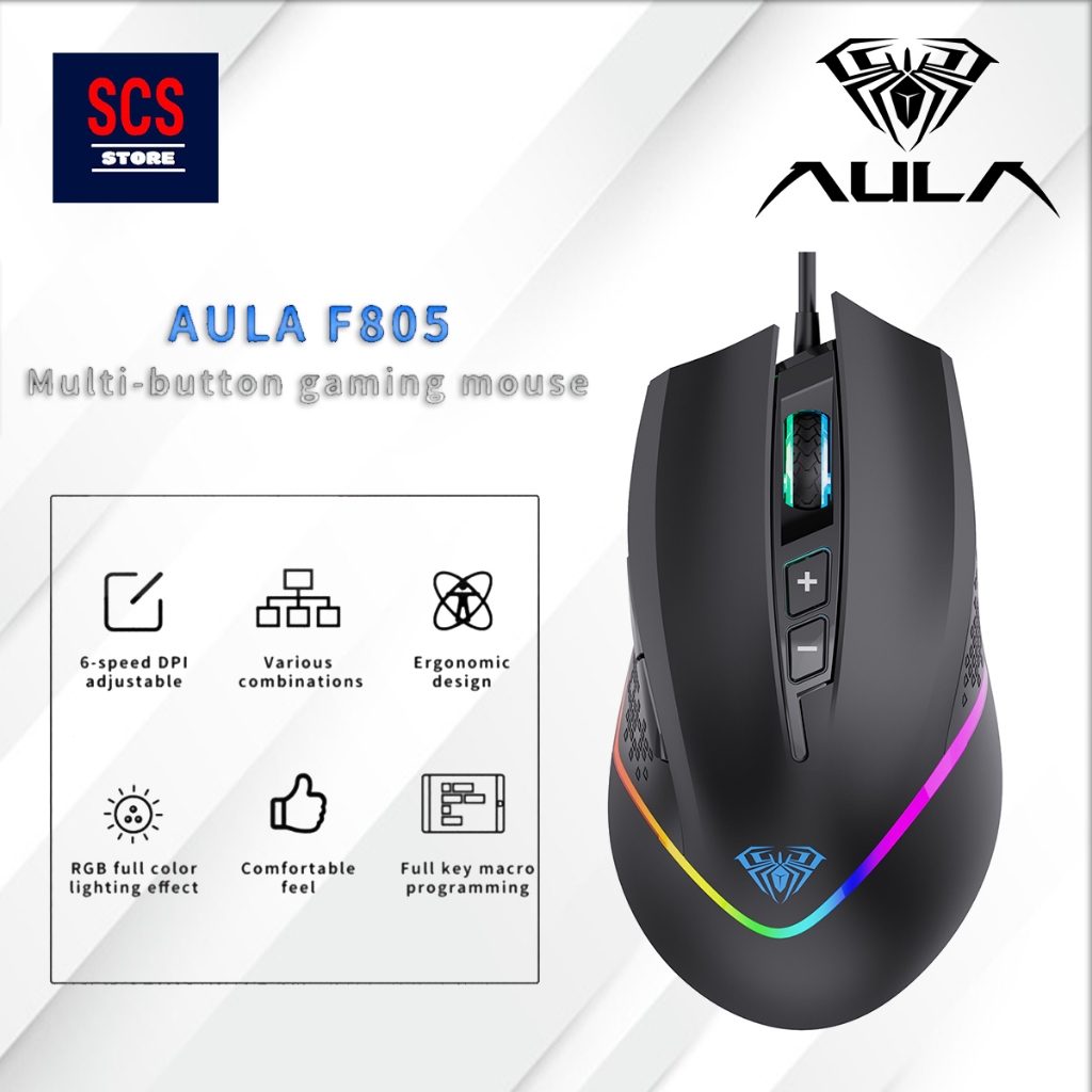 AULA F805 Gaming Mouse Marco Programmable RGB Colorful Lighting 6 gear DPI backlight 7 ...