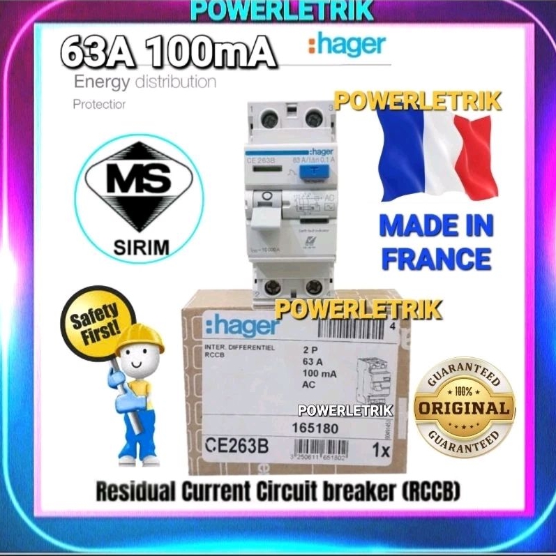 ORIGINAL HAGER CE263B 2 POLE 63A 100ma(0.1A) RESIDUAL CURRENT CIRCUIT BREAKER RCCB ELCB WITH ...