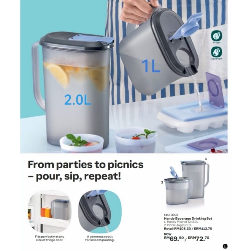 Tupperware Handy Beverage Drinking Set/Picnic Jug (1)1.0L Handy Pitcher ...