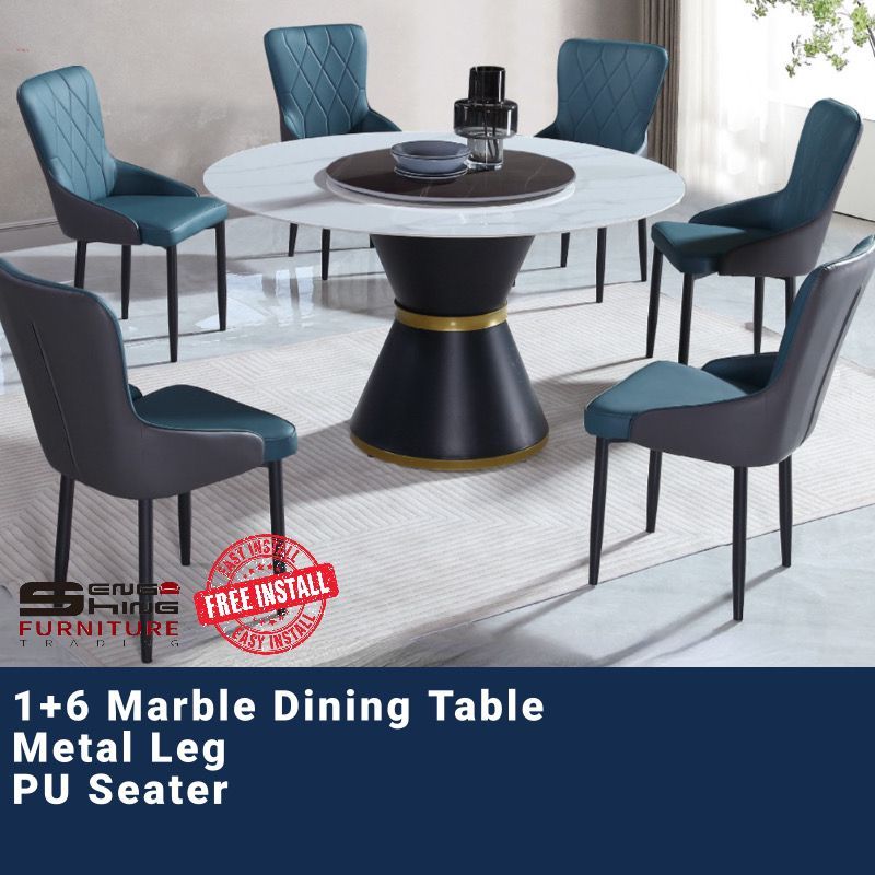 [ Siap Pasang ] SENG HING 1+6 4.5ft Ceramic Dining Table / Marble Top ...
