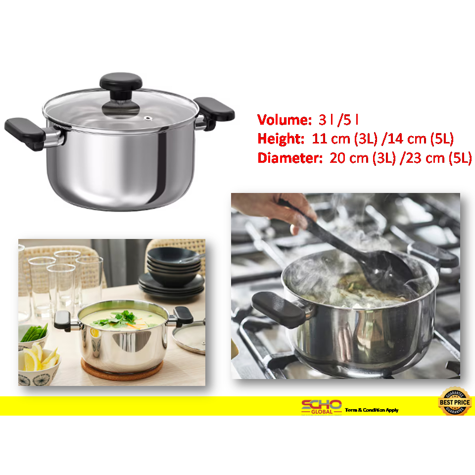 IKEA-MIDDAGSMAT Pot with lid, clear glass/stainless steel (3 l/ 5 l ...