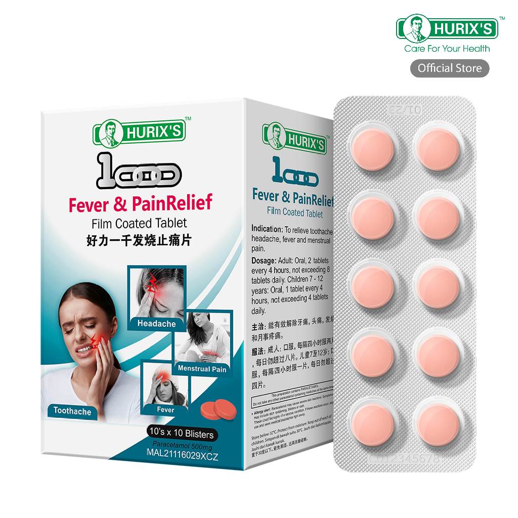 【PARACETAMOL】Hurix's 1000 Fever & PainRelief Film Coated Tablet 500mg x ...