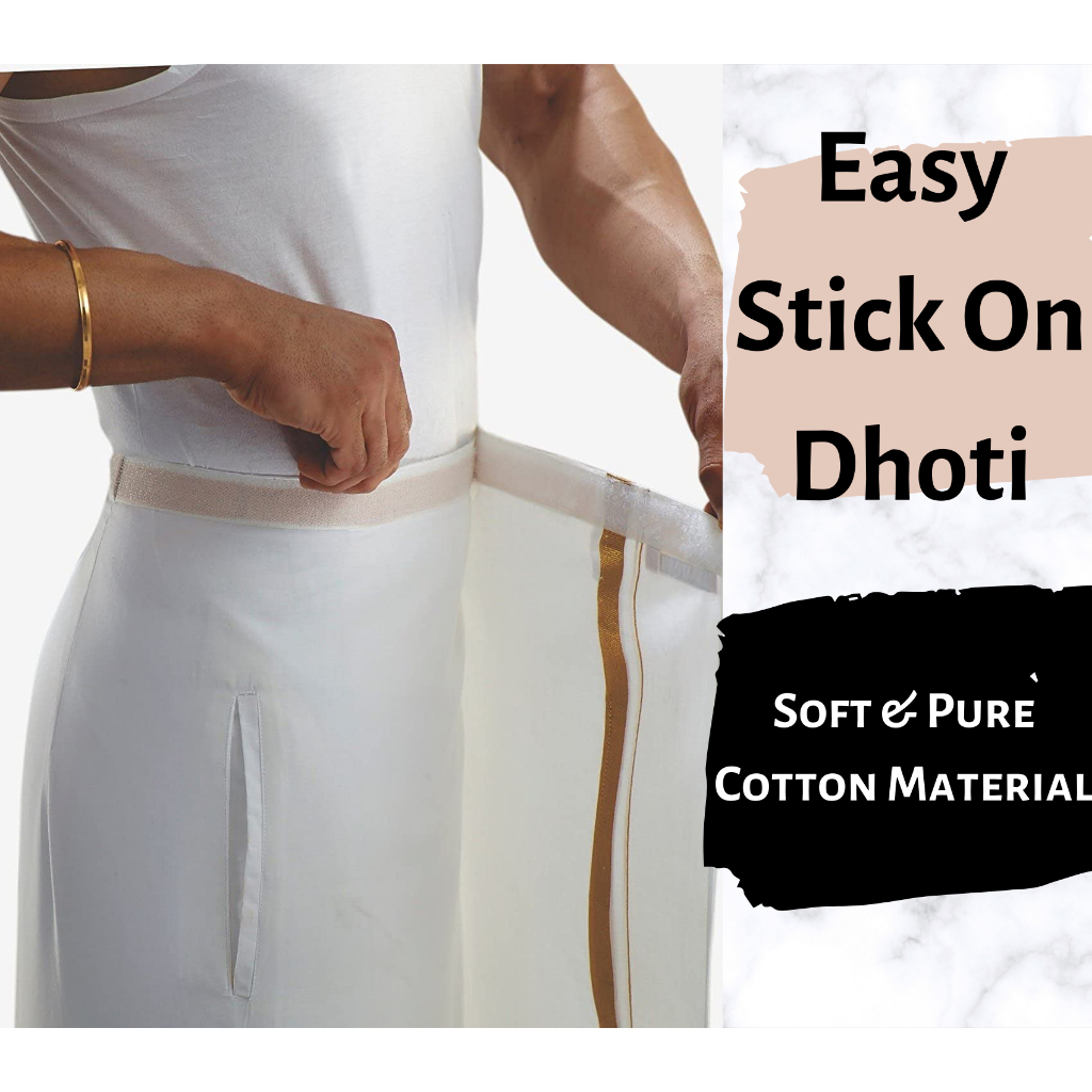 Men's Best Minister White Easy To Wear Stick On Dhoti White Veshti With ...