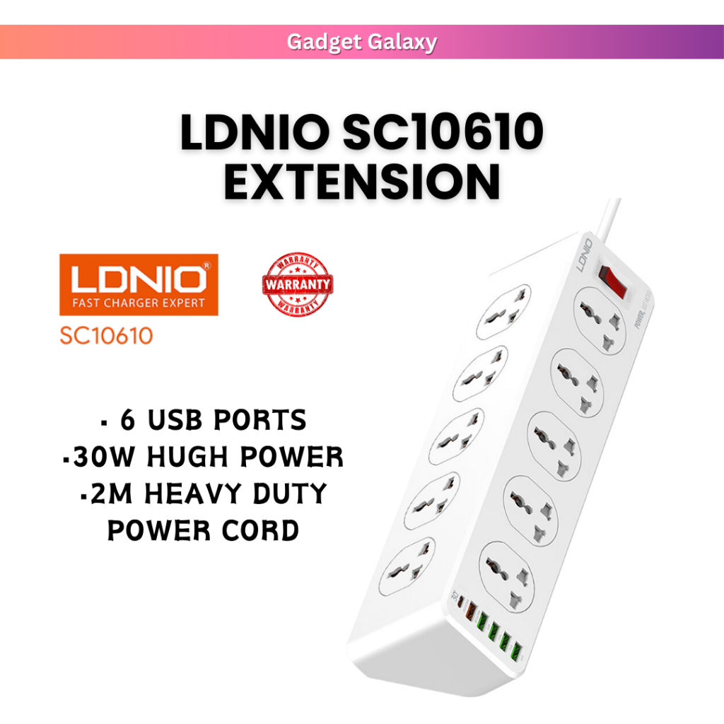 LDNIO SC10610 (2M) 10 SOCKETS + TYPE-C PD + QC3.0 6 USB PORTS UK PLUG ...