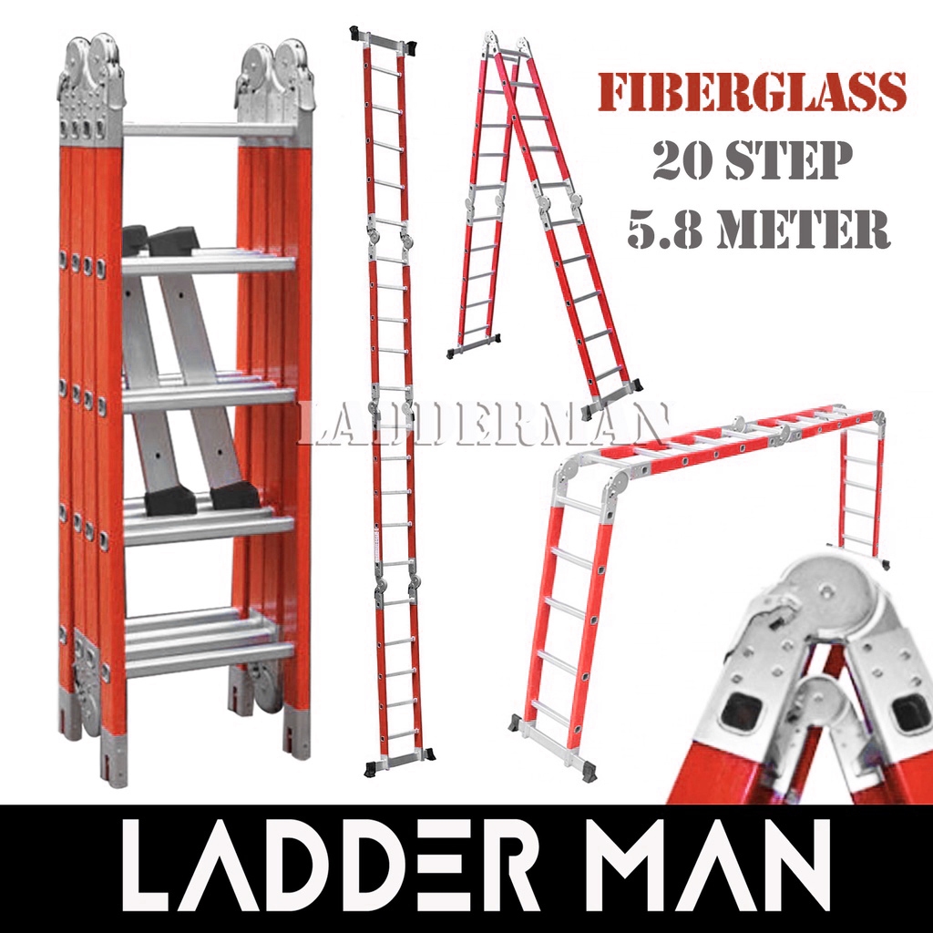 20 Step 5.8 Meter Fiberglass Heavy Duty Multipurpose Ladder Work Ladder ...