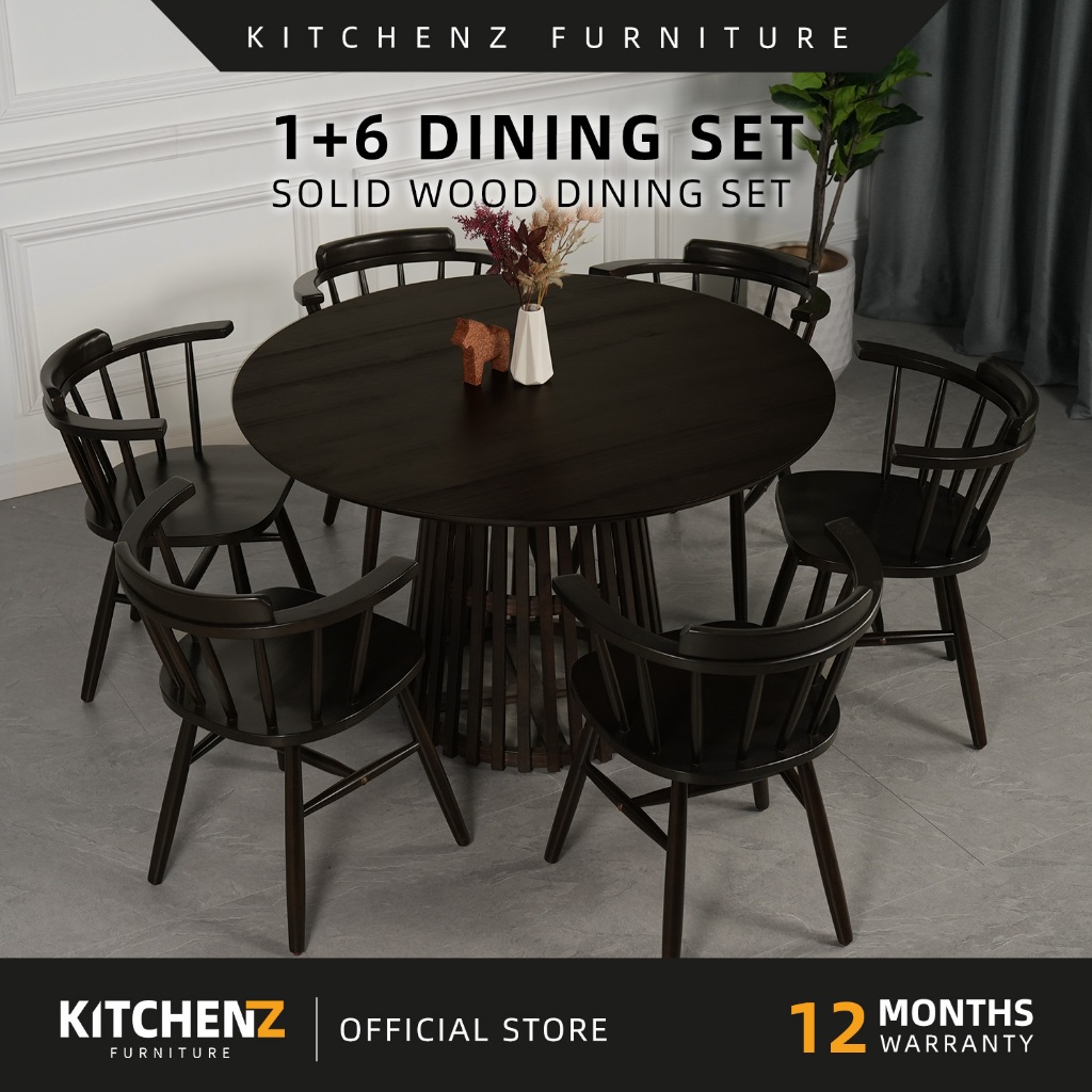 KitchenZ Luna 6 Seater Solid Wood Dining Set Round Table + 6 Chair ...