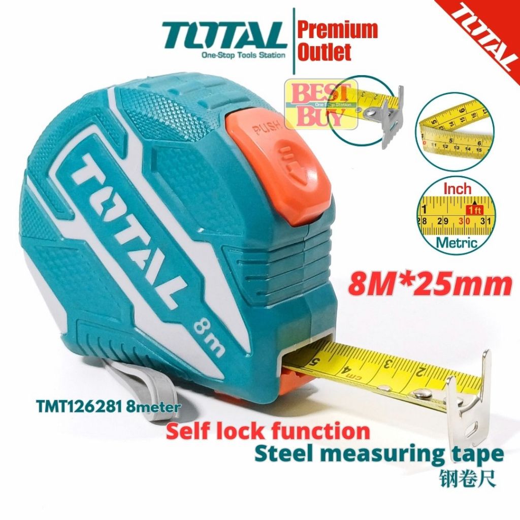 TOTAL Tools 𝐒𝐞𝐥𝐟 𝐥𝐨𝐜𝐤 𝐟𝐮𝐧𝐜𝐭𝐢𝐨𝐧 Steel measuring tape 5m / 8m width*25mm ...