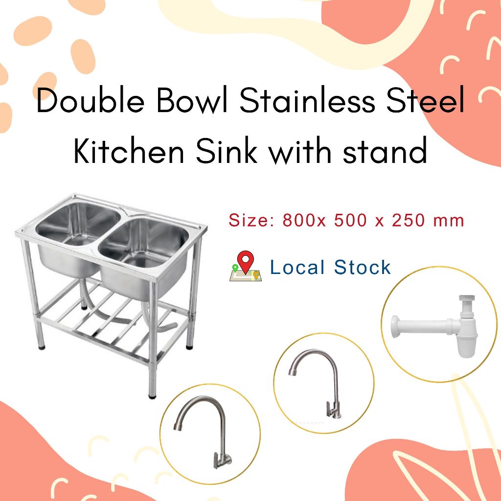 800 x 500 mm Double Bowl Free Standing Stainless Steel Kitchen Sink ...