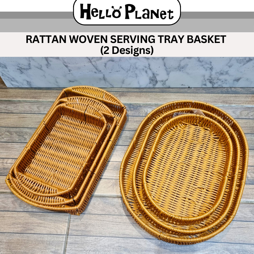 [READY STOCK] Rattan Woven Serving Tray Basket Oval Rectangle w Handle ...