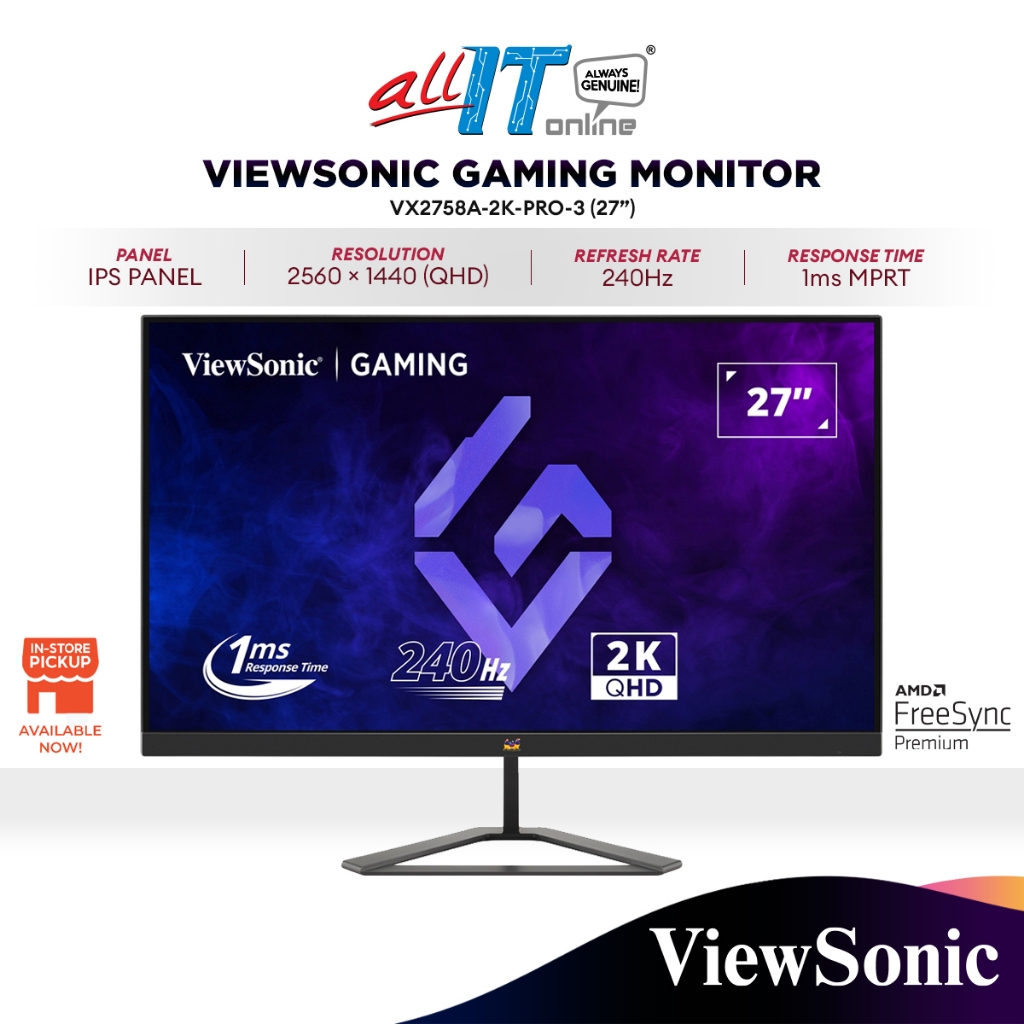 ViewSonic VX2758A-2K-PRO-3 27" QHD IPS Gaming Monitor | 240Hz | AMD FreeSync™ Premium | 1ms ...