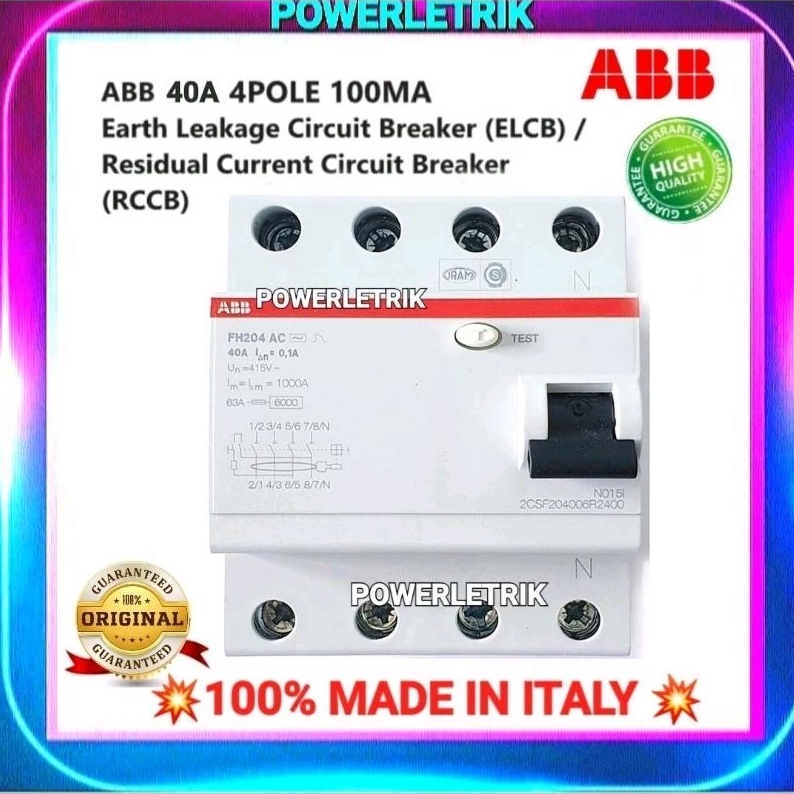 🔥READY STOCK🔥 💯% ITALY ABB FH204 AC 40/0.1 (100mA SENSITIVITY) RCCB/ELCB 4 POLE /ABB 40A THREE ...