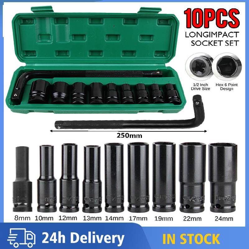 10PCS 1/2 Inch Long Impact Socket Set Black Deep Box Set Tool Set ...