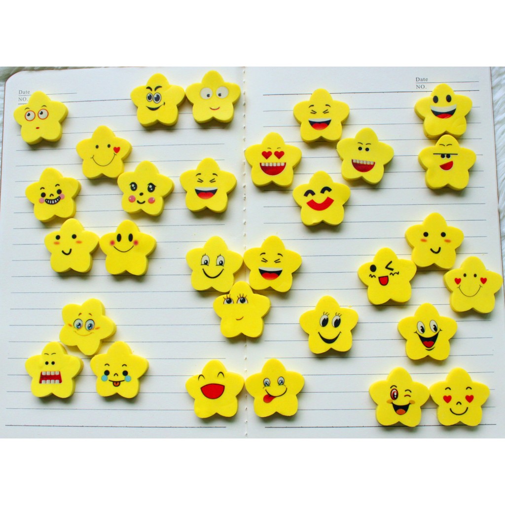 1 Pack (3Pcs) Kids Students Stationery Eraser Star Smile Face Emoji ...