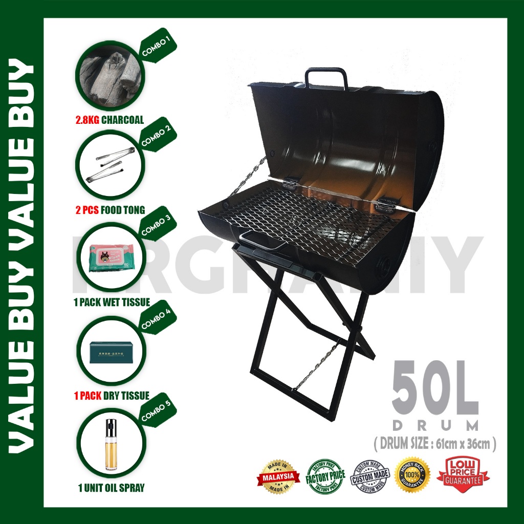 BBQ Grill Outdoor Drum Set Tong Drum 50L BBQ Set Complete With Grill Net Medium Size (Full Set ...