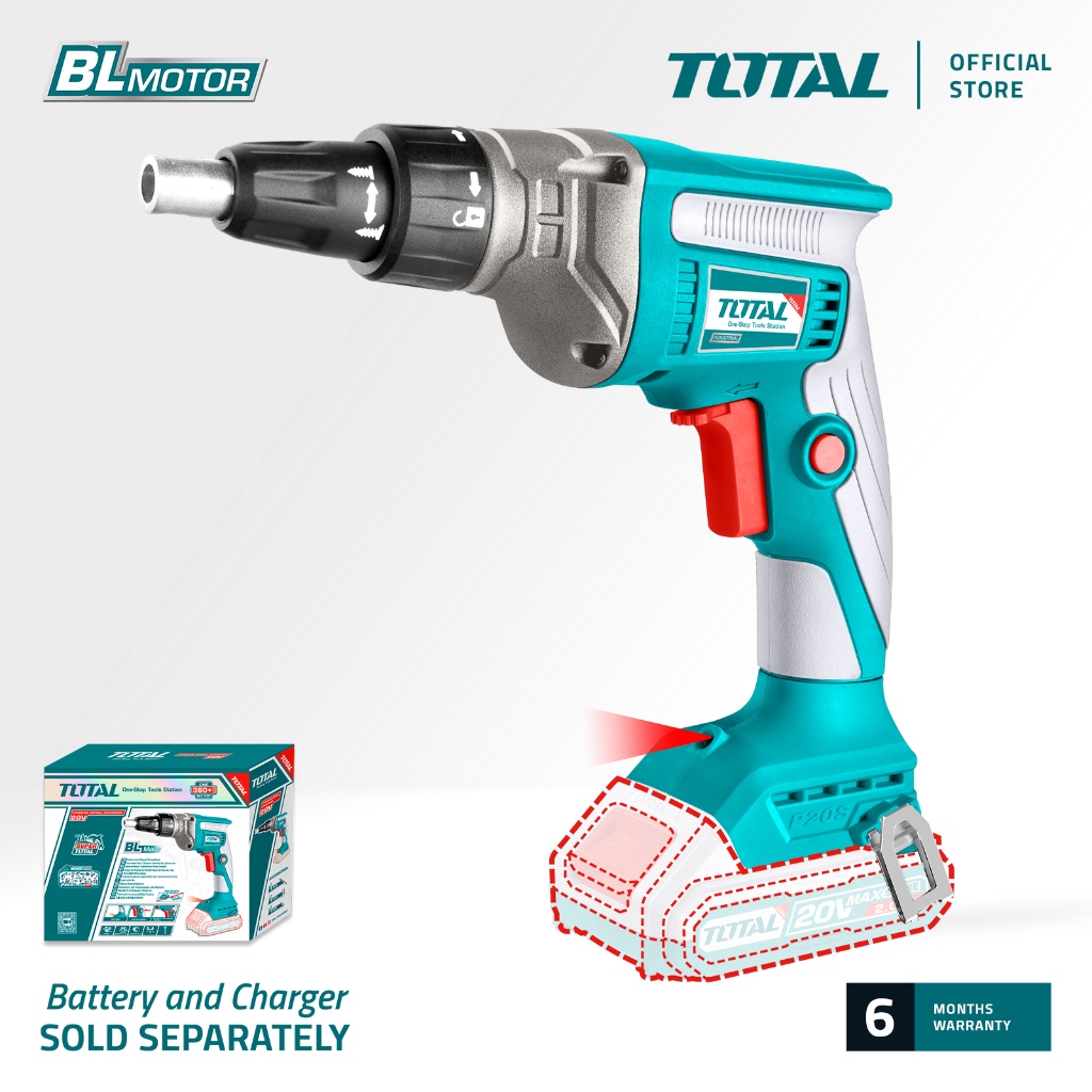 TOTAL Li-ion Drywall Screwdriver (30Nm, 1/4", Max. 4.2mm) SOLO Brushless Motor w/ Screwdriver ...