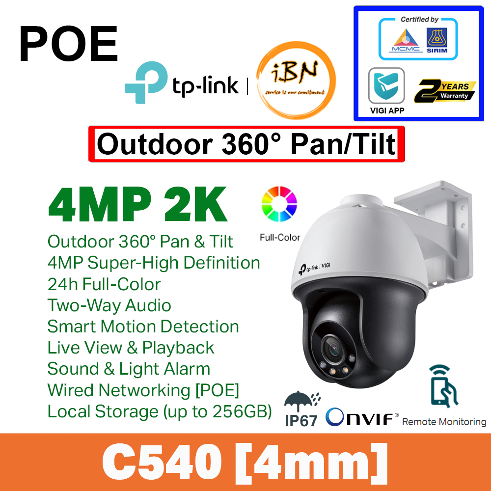 TP-Link 4MP Outdoor VIGI C540 Full-Color Wi-Fi Pan Tilt High Definition ...