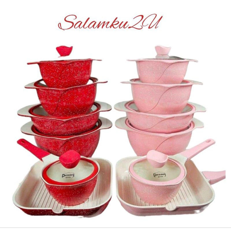 SET 18PCS DESSINI NANO GRANITE COOKWARE ROSE EDITION (PINK & RED ) /NON ...