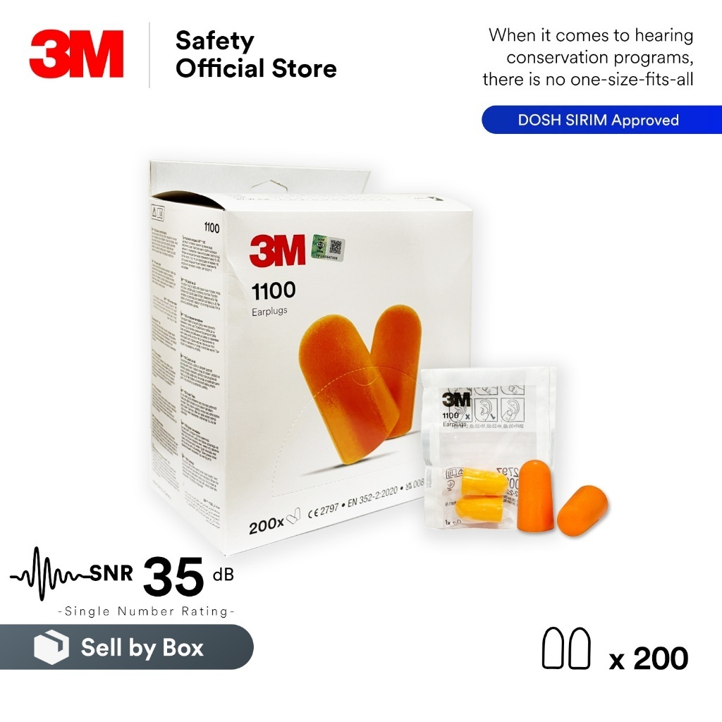 3M 1100 Uncorded Soft Foam Disposable Earplugs SNR 35 dB (200 Pairs/Box) - DOSH SIRIM APPROVED ...