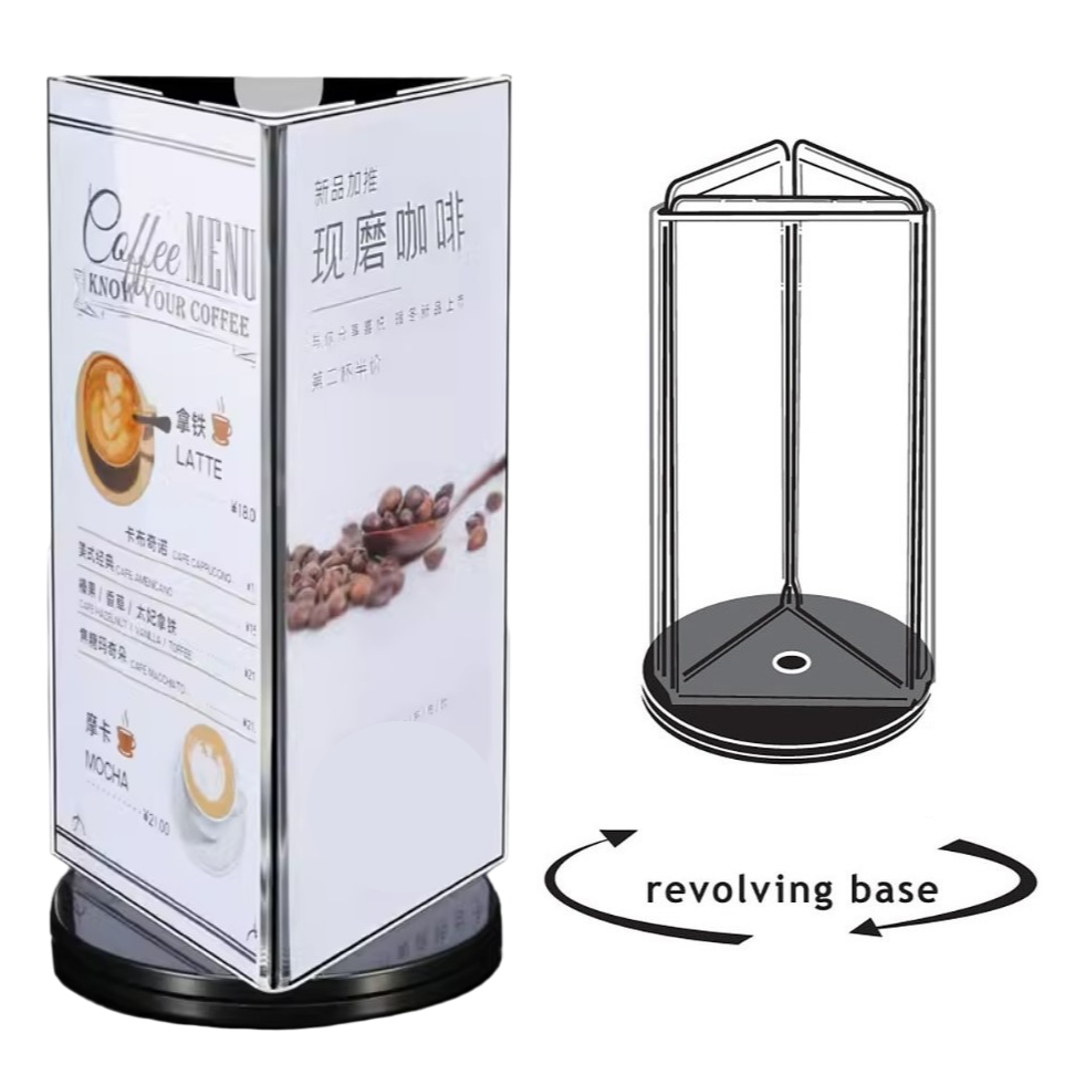 3-Sided Table Menu Stand Sign Holder With Revolving Base Paper Menu ...