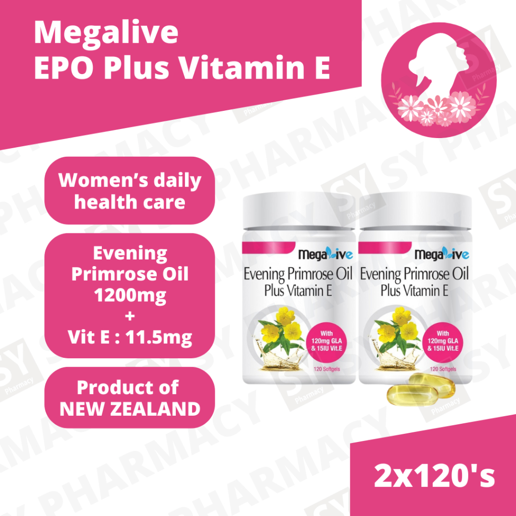 Megalive Evening Primrose Oil EPO Plus Vitamin E Softgel 2x120's (Exp ...