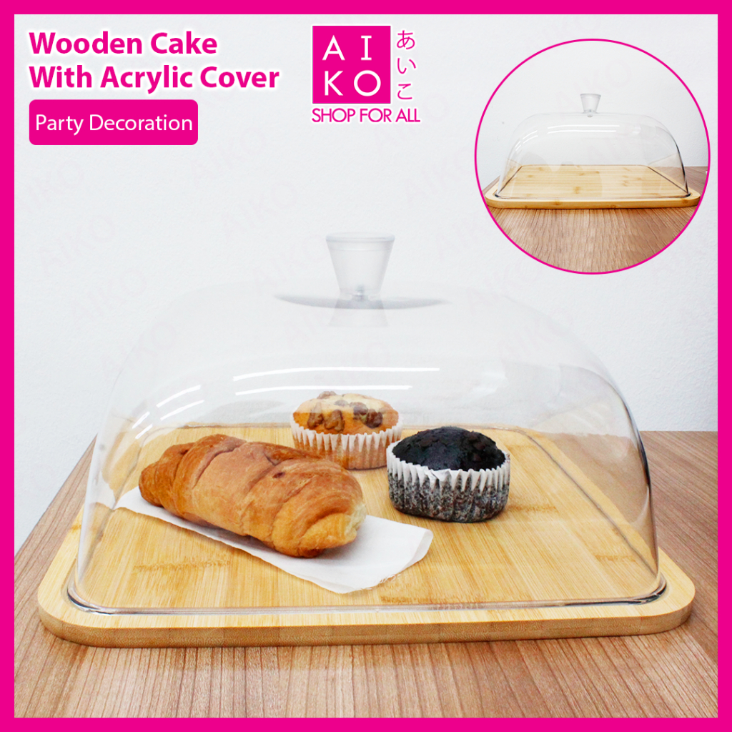 (AIKO) WOODEN Acrylic Dome Cover Cake Cover Pastry Cake Plate Cover ...